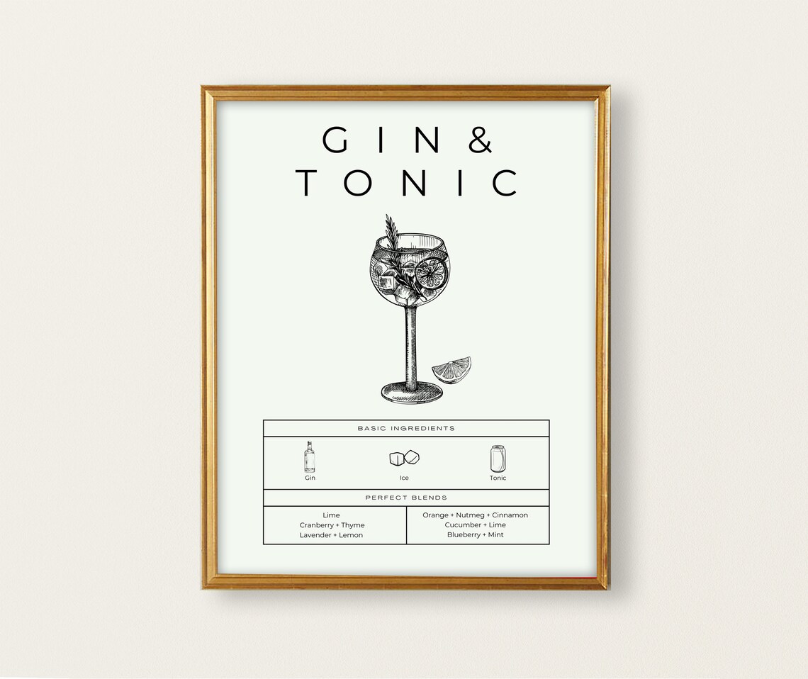 Gin and Tonic Recipe Sign | Bar Cart Prints | Minimalist Modern Wall ...
