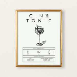 Gin and Tonic Recipe Sign | Bar Cart Prints | Minimalist Modern Wall ...