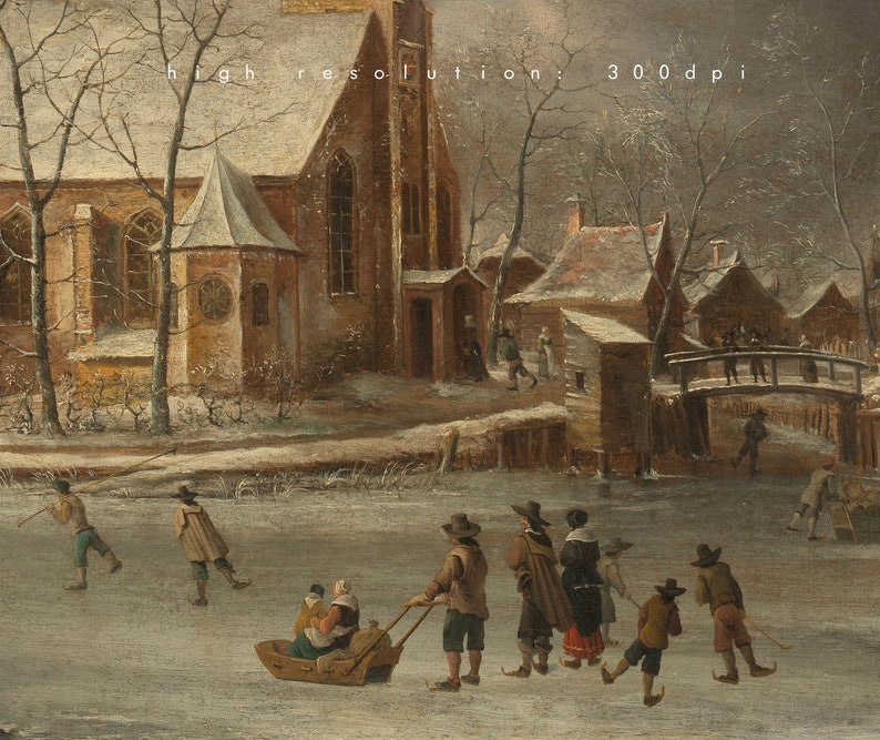 Vintage Church Ice Skating Scene Oil Painting | Ice Skating Printable ...