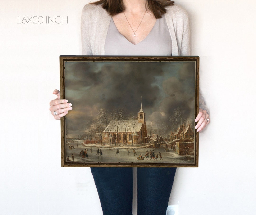 Vintage Church Ice Skating Scene Oil Painting | Ice Skating Printable ...