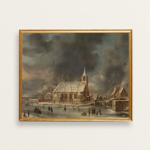 Vintage Church Ice Skating Scene Oil Painting | Ice Skating Printable ...
