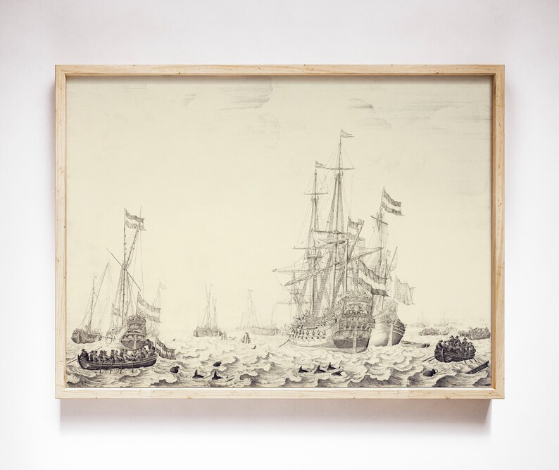 Vintage Ship Drawing Dutch Ships Sailing Near the Coast Sea - Etsy