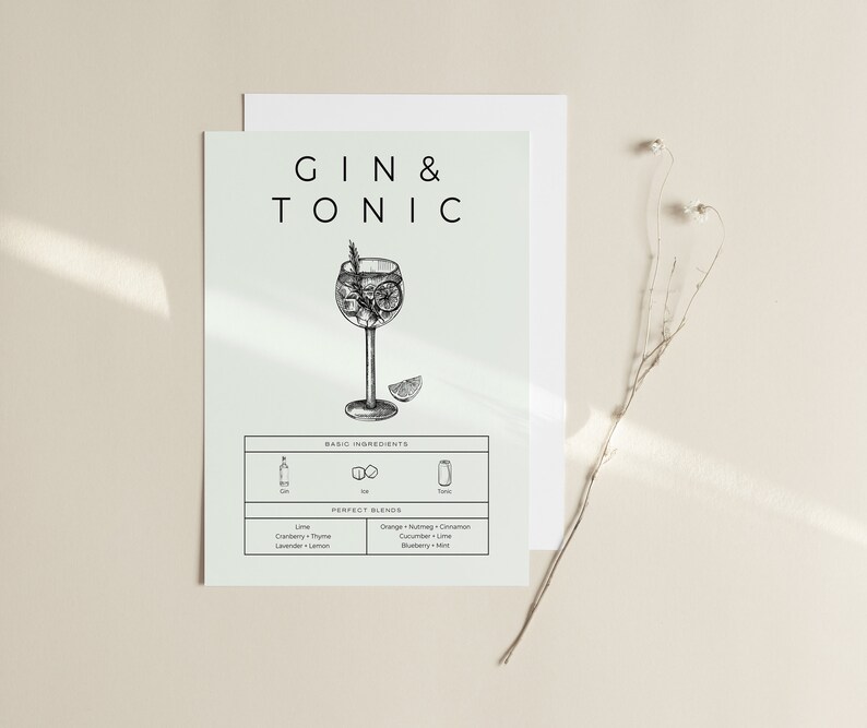 Gin and Tonic Recipe Sign | Bar Cart Prints | Minimalist Modern Wall ...