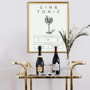 Gin and Tonic Recipe Sign | Bar Cart Prints | Minimalist Modern Wall ...