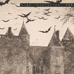 Haunted House Halloween Printable Bat, Castle Drawing Printable Wall ...