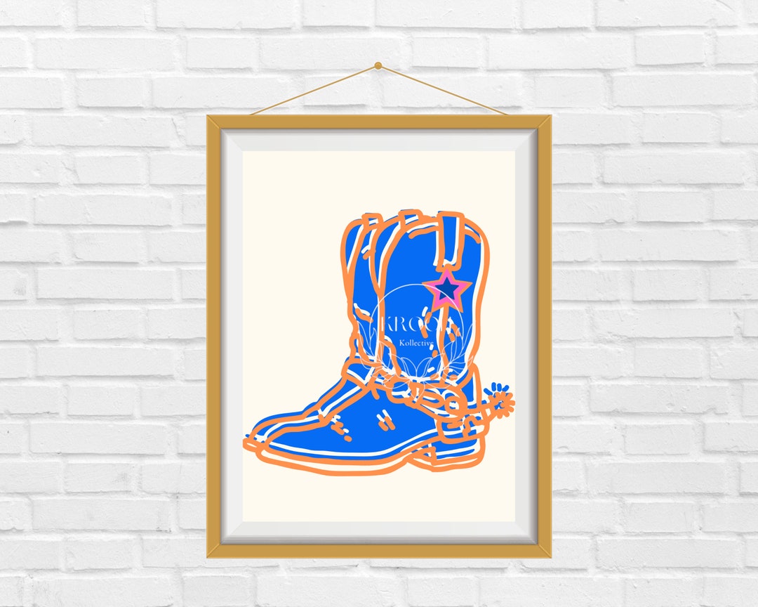 Retro Blue and Orange Neon Cowboy Boot Wall Art - Digital Download ...