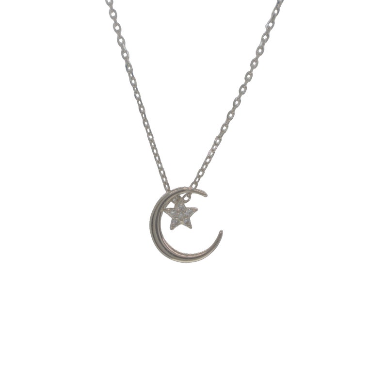 925 Sterling Silver Dainty Moon and Star Necklace Modest - Etsy