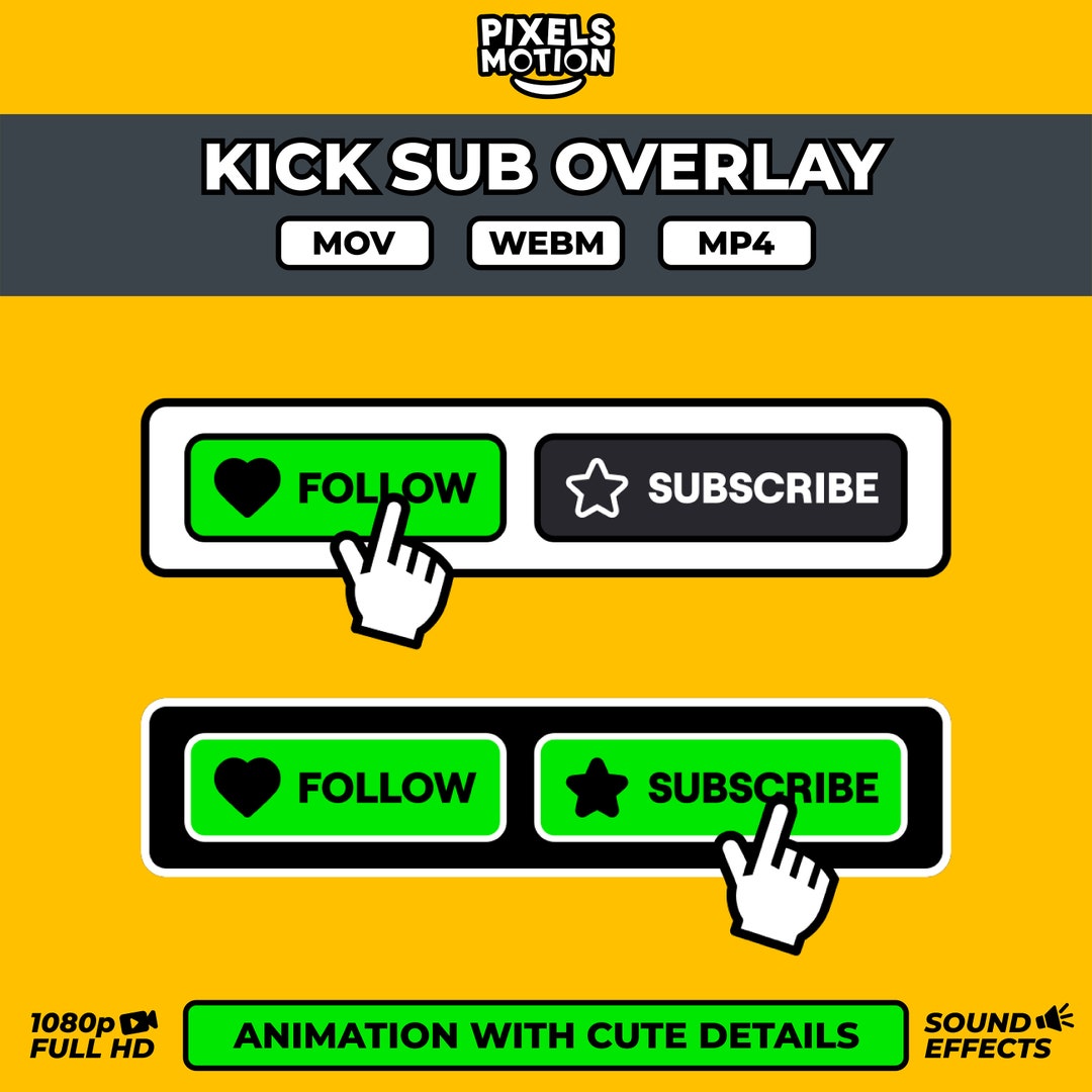 Animated Kick Follow & Subscribe Button Overlay With Effects (digital ...