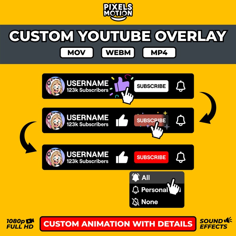Custom Animated Youtube Like, Subscribe and Bell Button Overlay With ...