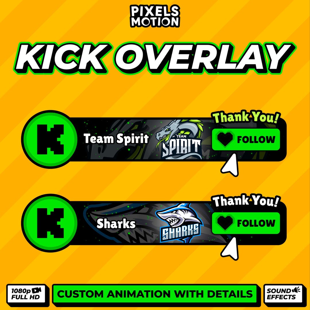 Custom Animated Kick Follow and Subscribe Button Overlay With Integrated Special Effects to ...