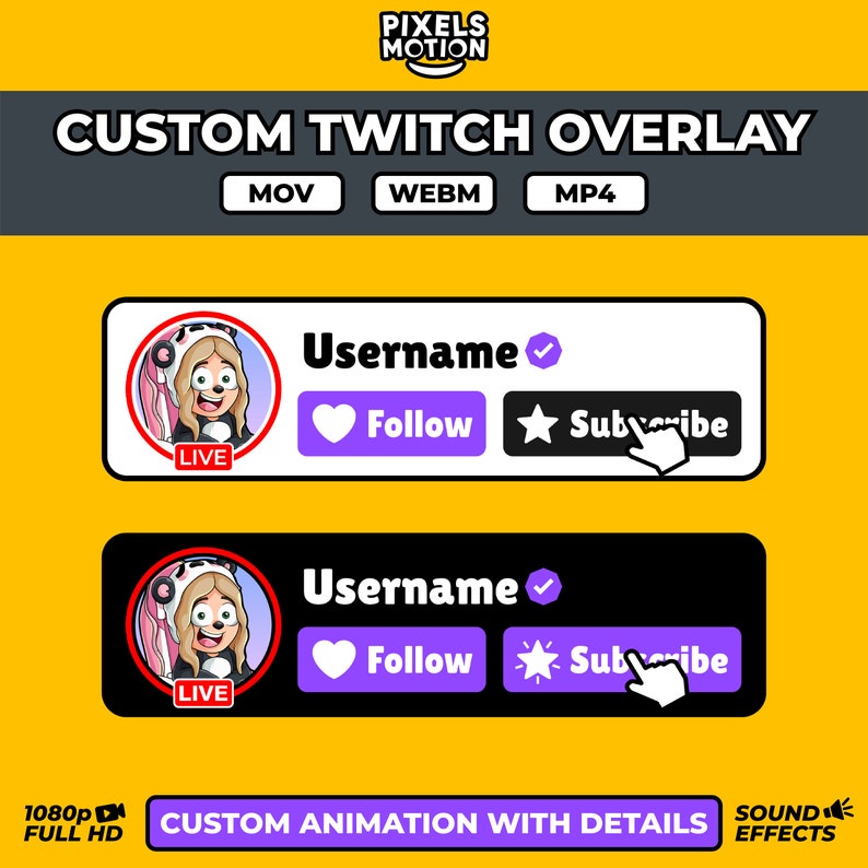 Cute Animated Twitch Follow Overlay, Custom Stream Overlay for ...