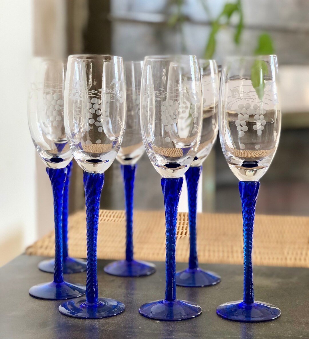6 Vintage Flutes in Chiseled Glass Decorated With Vines and - Etsy