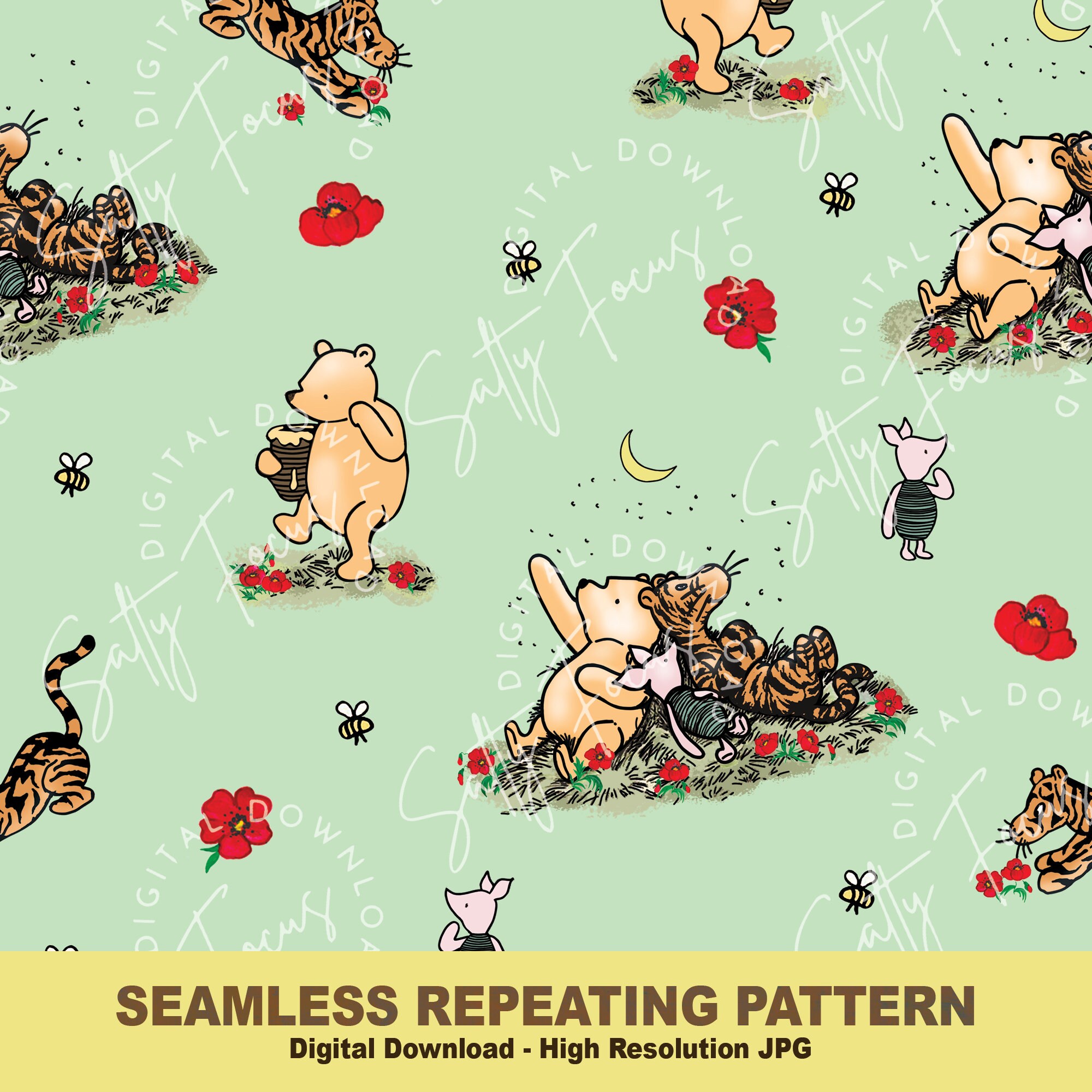 Classic Winnie the Pooh With Vintage Tigger Seamless Pattern, Poppies ...