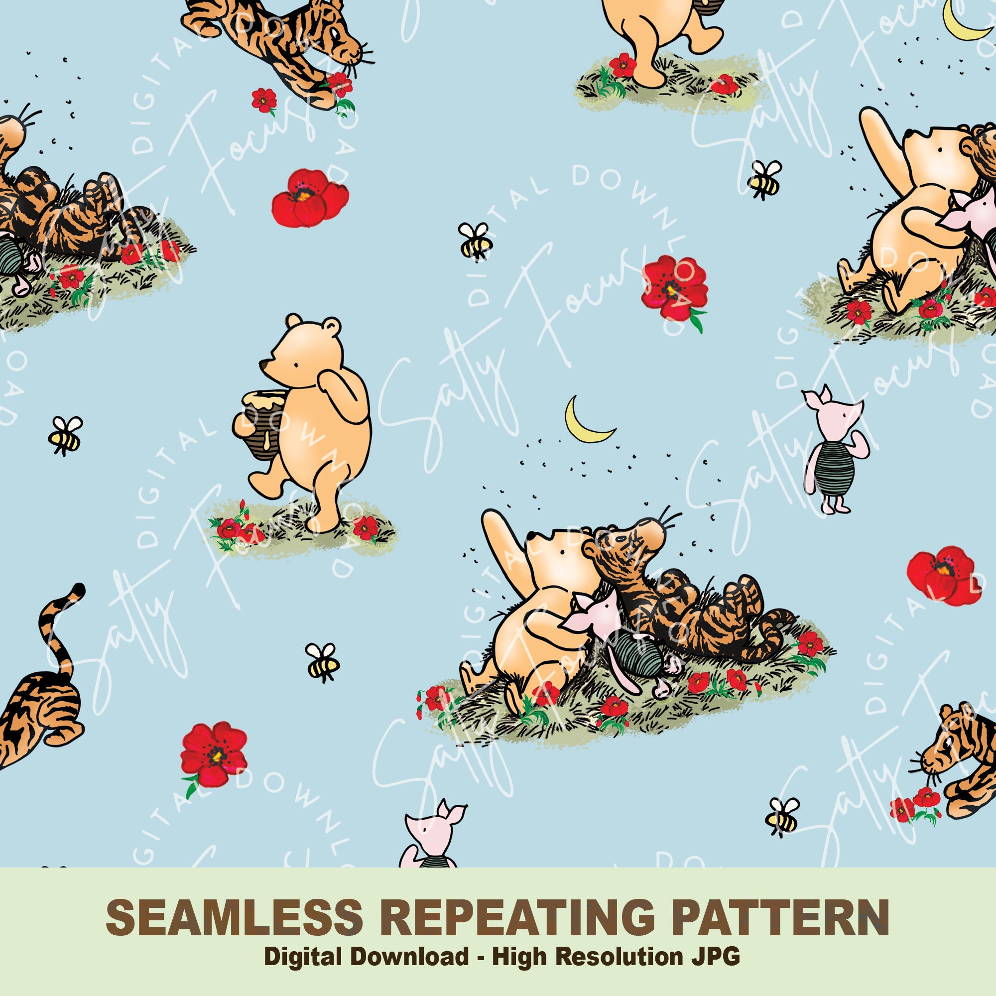 Classic Winnie the Pooh With Vintage Tigger Seamless Pattern, Poppies ...