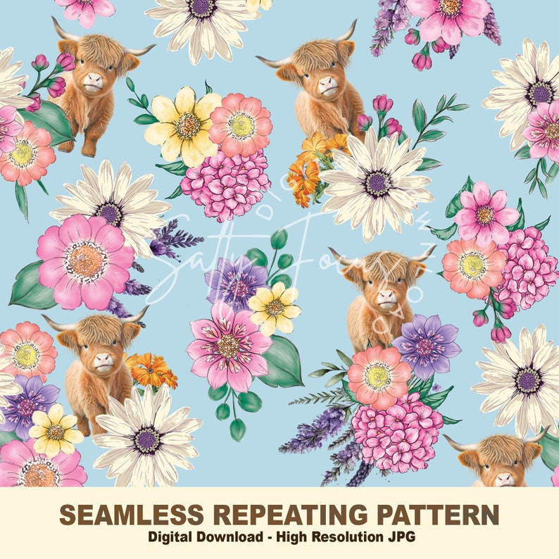 Teal Highland Cow Floral Seamless Repeating Pattern Summer Flowers ...