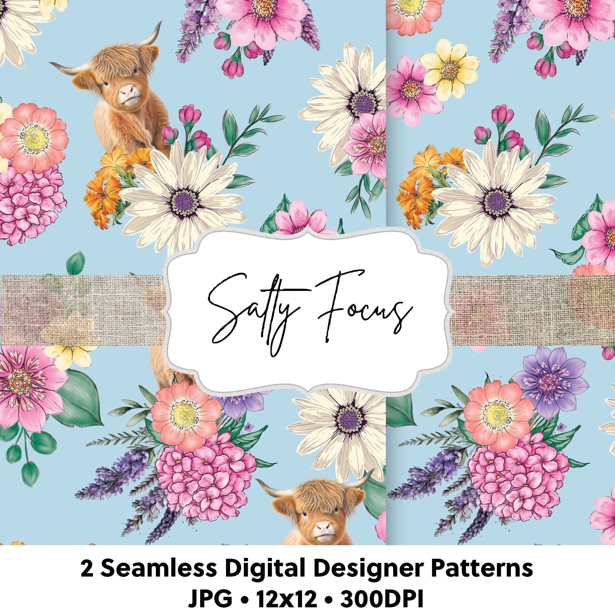Teal Highland Cow Floral Seamless Repeating Pattern Summer Flowers ...