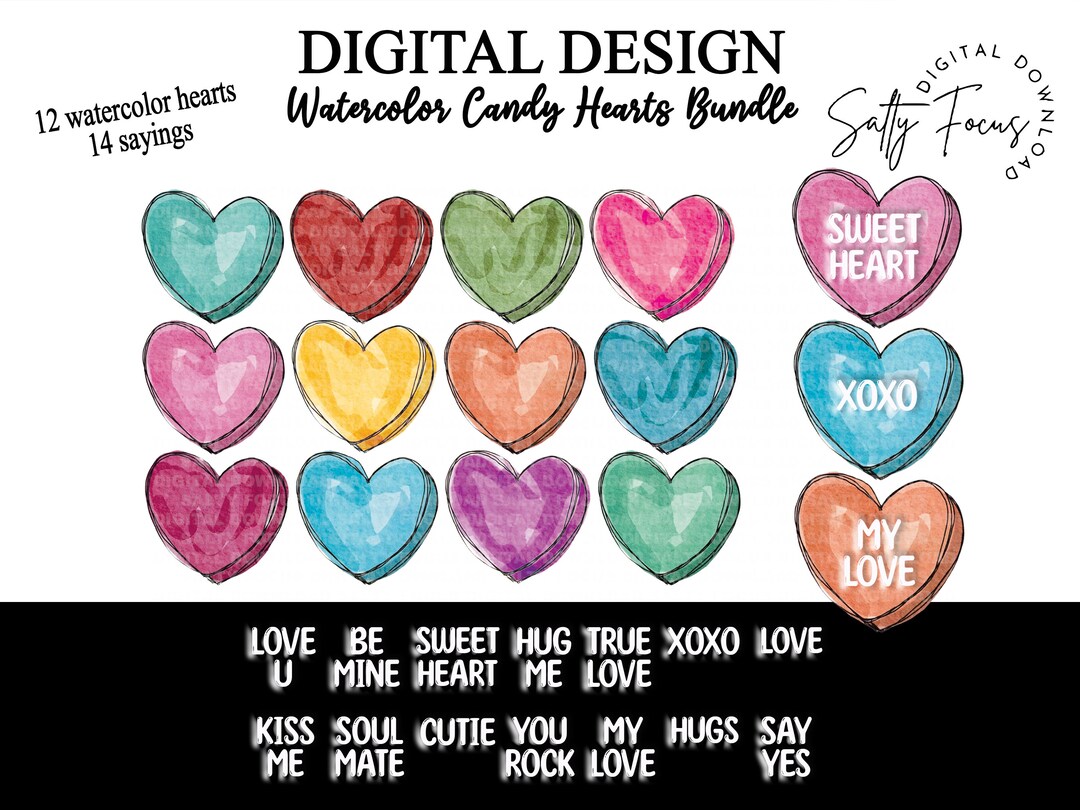 Watercolor Candy Hearts Bundle, Valentine Hearts, Conversation Hearts ...