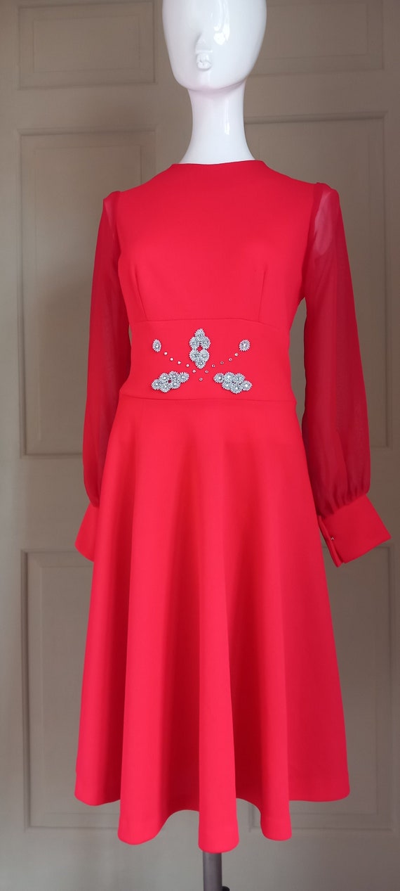 1960s Vintage 60s Red Long Sleeved Cocktail Dress wit… - Gem