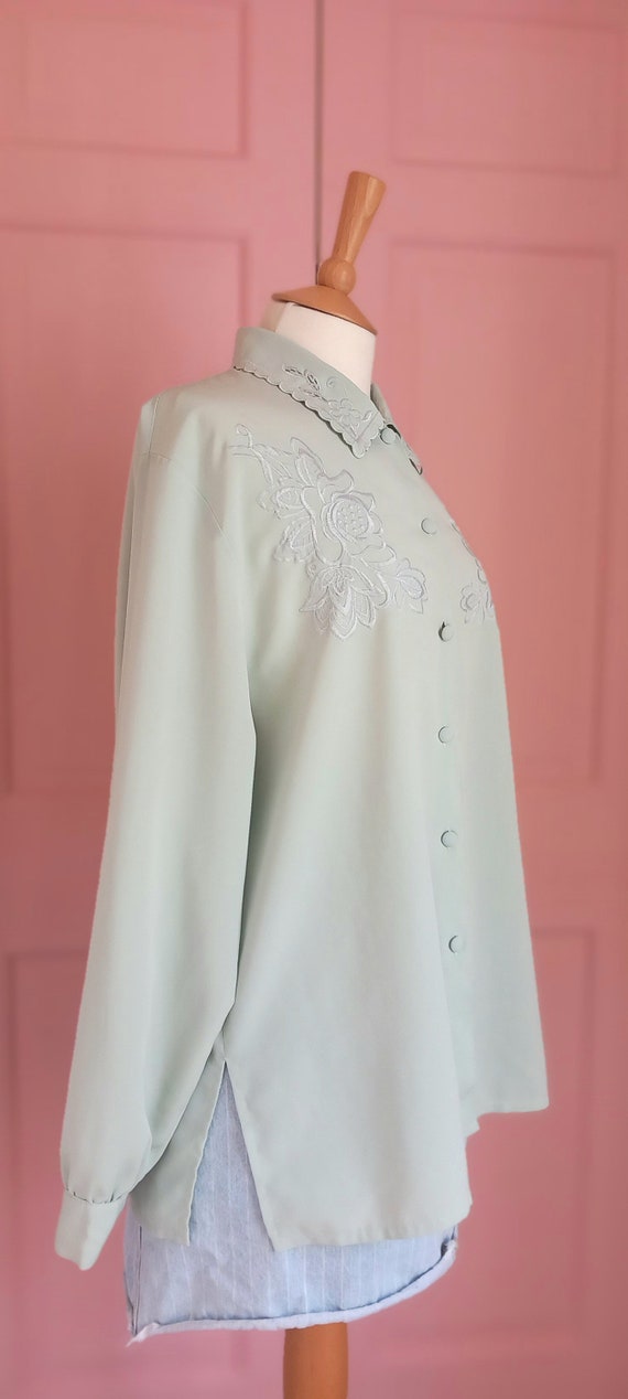 Vintage 1980s Sage Green Blouse with Flower Embroider… - Gem