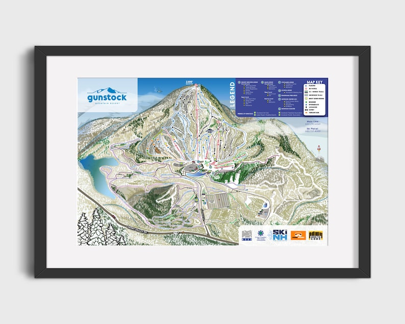 2021 GUNSTOCK MOUNTAIN Resort Ski Trail Map - Ski Home Decor, Ski Lodge ...