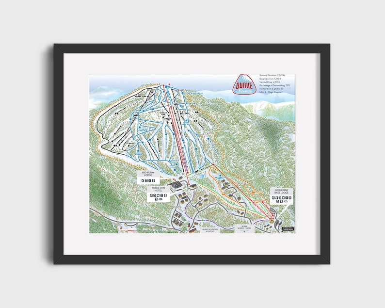 2021 BURKE MOUNTAIN Ski Trail Map - Ski Home Decor, Ski Lodge Wall ...