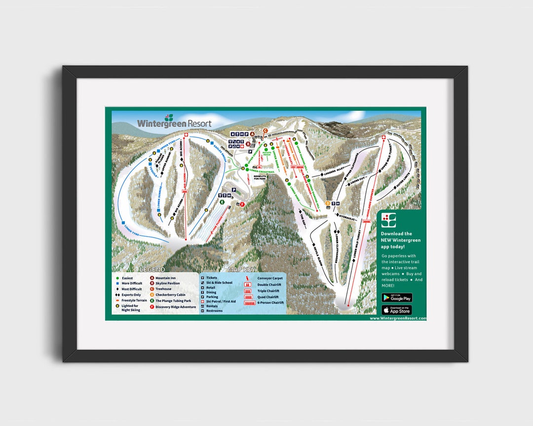 2024 WINTERGREEN RESORT Ski Trail Map - Ski Home Decor, Ski Lodge Wall ...
