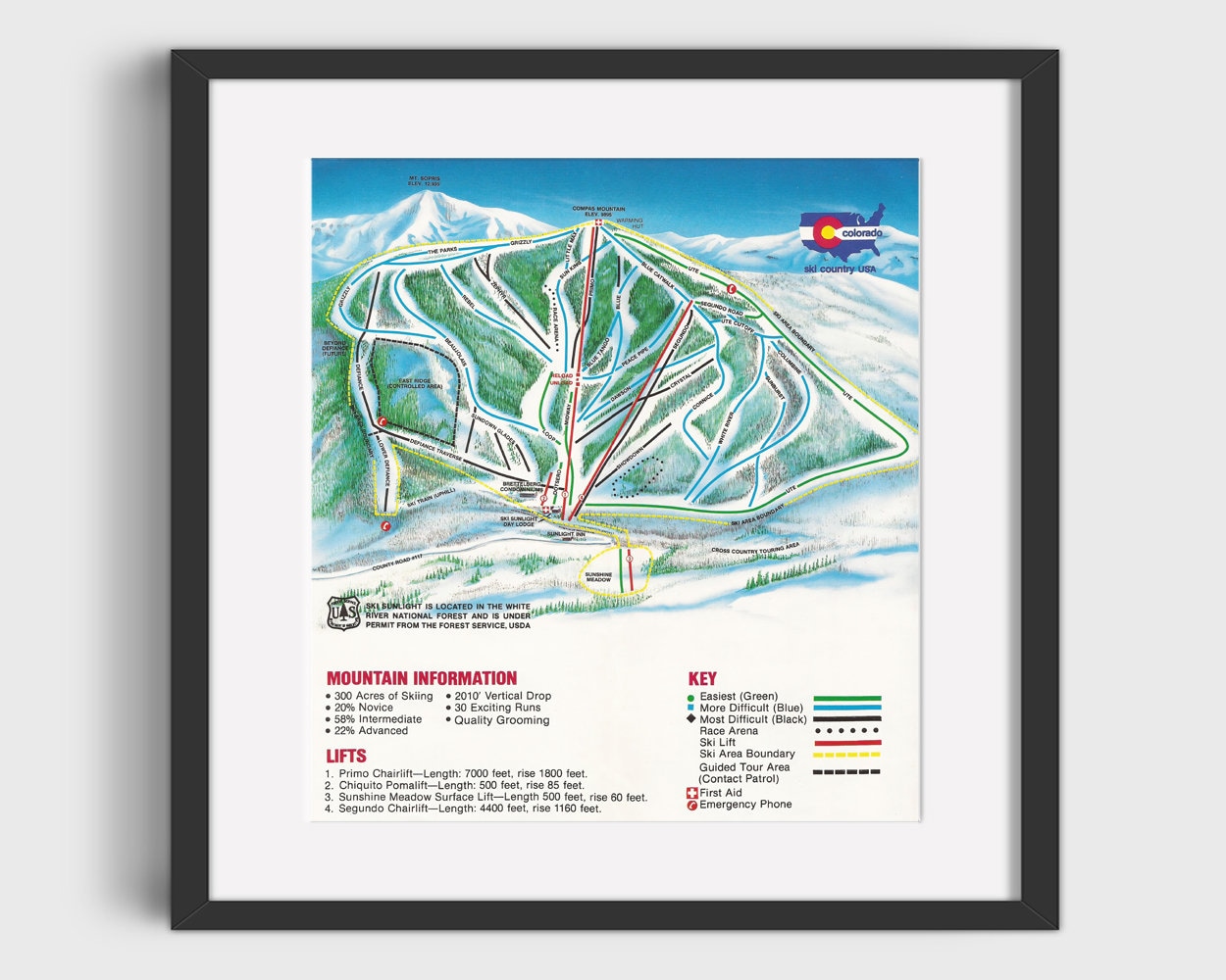 1984 SUNLIGHT MOUNTAIN RESORT Ski Trail Map - Ski Home Decor, Ski Lodge ...