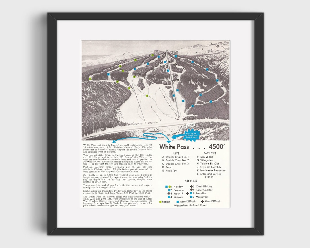 1985 WHITE PASS Ski Trail Map - Ski Home Decor, Ski Lodge Wall Decor ...