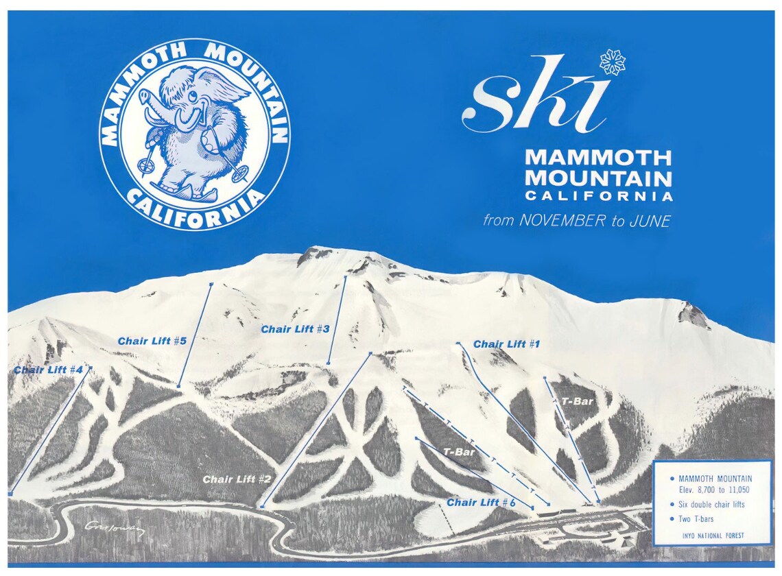 1965 MAMMOTH MOUNTAIN Ski Trail Map - Ski Map, Ski Art, Ski Decor, Ski ...