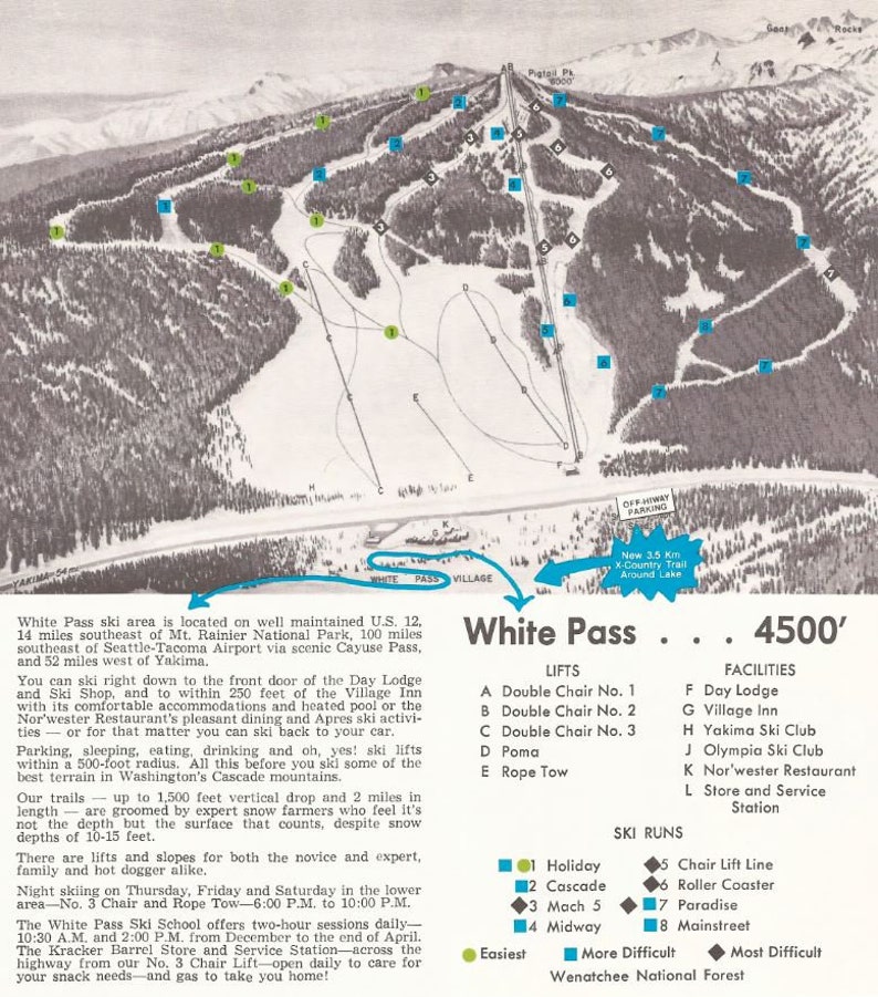 1985 WHITE PASS Ski Trail Map - Ski Home Decor, Ski Lodge Wall Decor ...