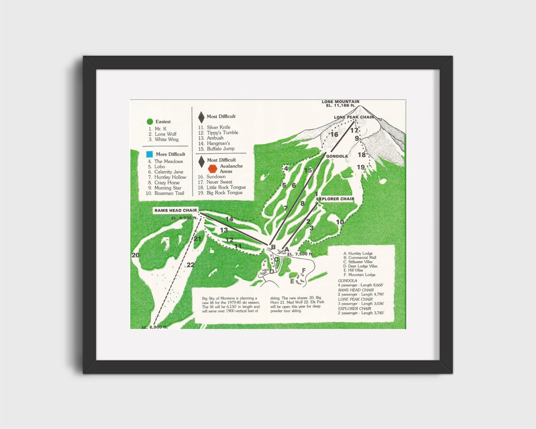1978 BIG SKY RESORT Ski Map - Ski Home Decor, Ski Lodge Wall Decor, Ski ...