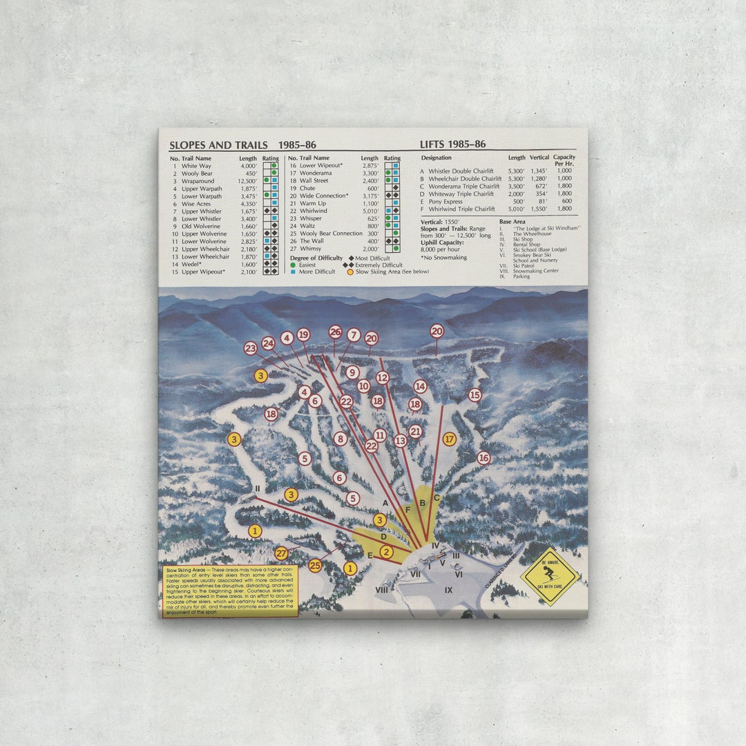 WRAPPED CANVAS - 1985 WINDHAM Mountain Ski Trail Map - Ski Home Decor ...