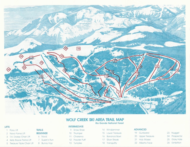 1982 WOLF CREEK Ski Area Ski Trail Map - Ski Home Decor, Ski Lodge Wall ...