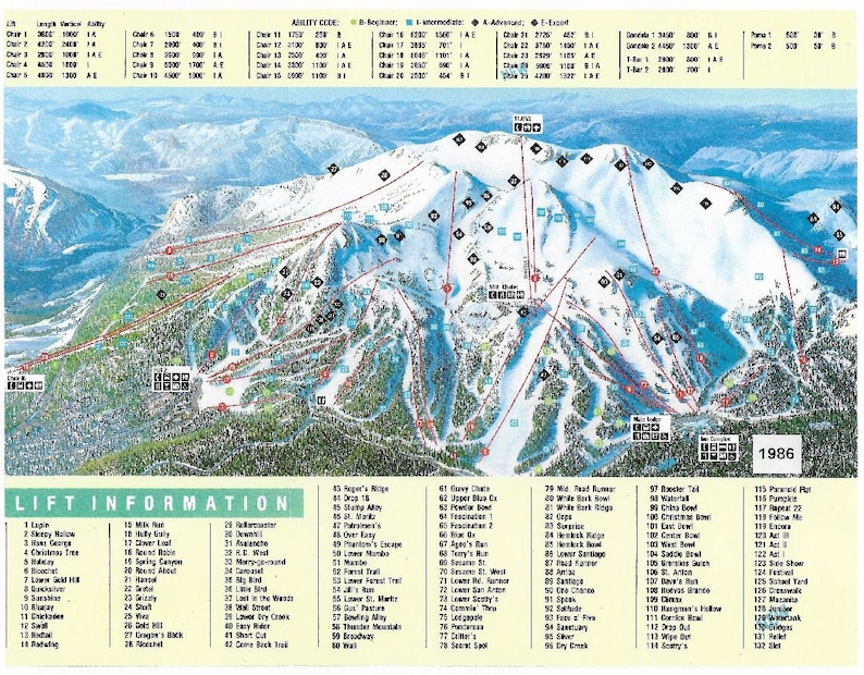 1986 MAMMOTH MOUNTAIN Ski Trail Map - Ski Map, Ski Art, Ski Decor, Ski ...