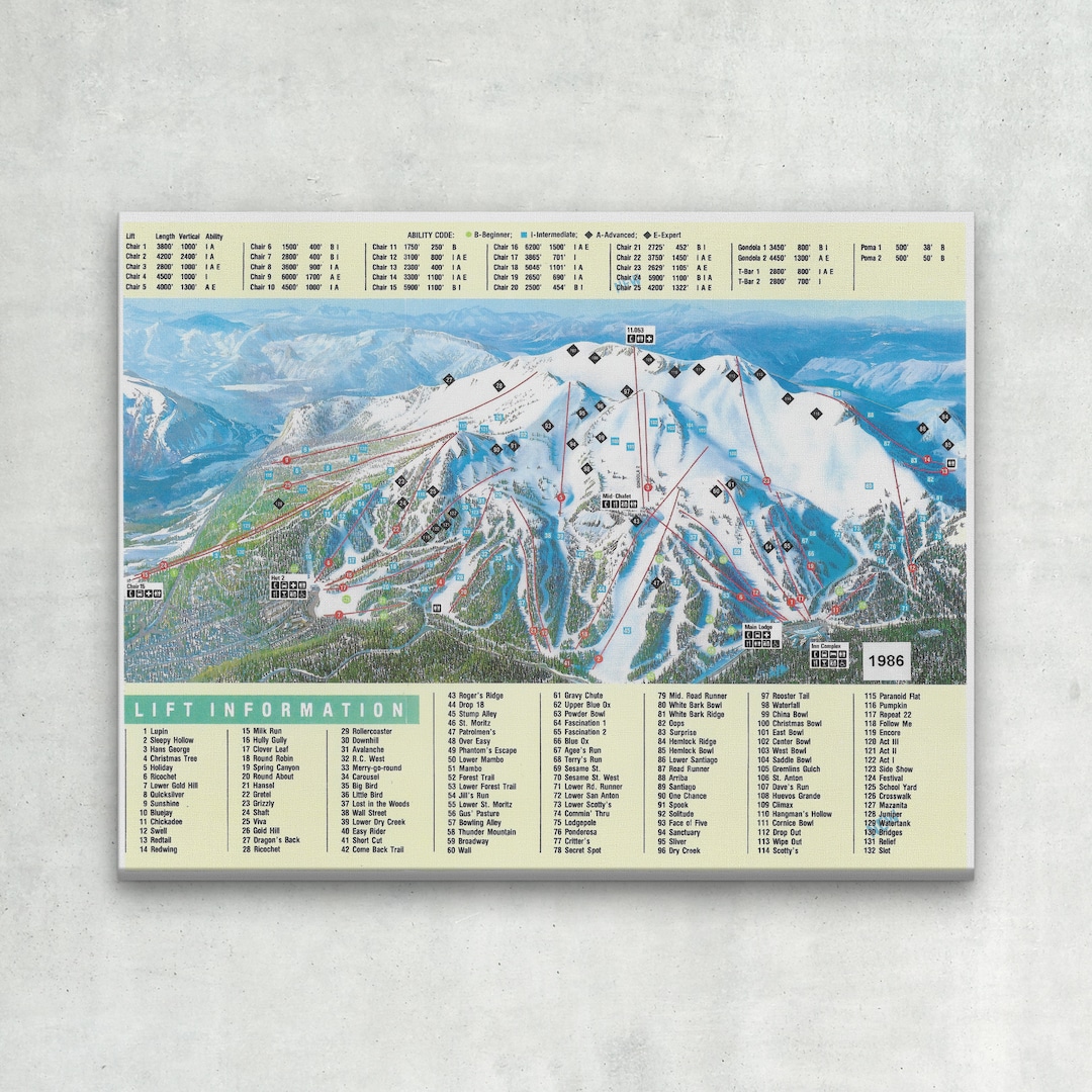 WRAPPED CANVAS - 1986 Mammoth Mountain Ski Trail Map - Ski Map, Ski Art ...