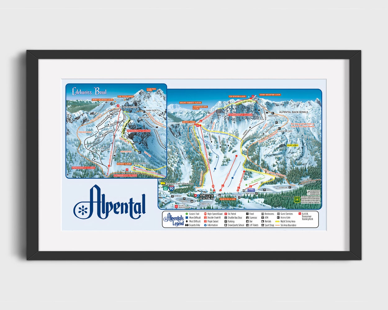 2023 the SUMMIT at SNOQUALMIE - ALPENTAL Ski Trail Map - Ski Home Decor ...