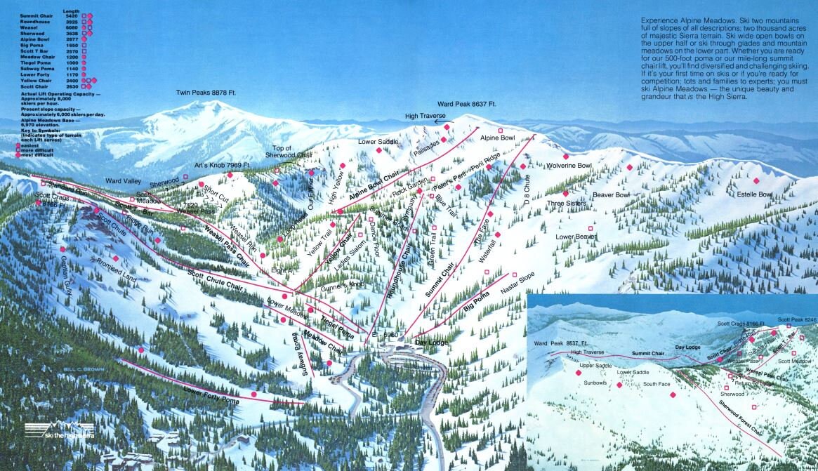 1974 ALPINE MEADOWS Ski Trail Map - Ski Home Decor, Ski Lodge Wall ...