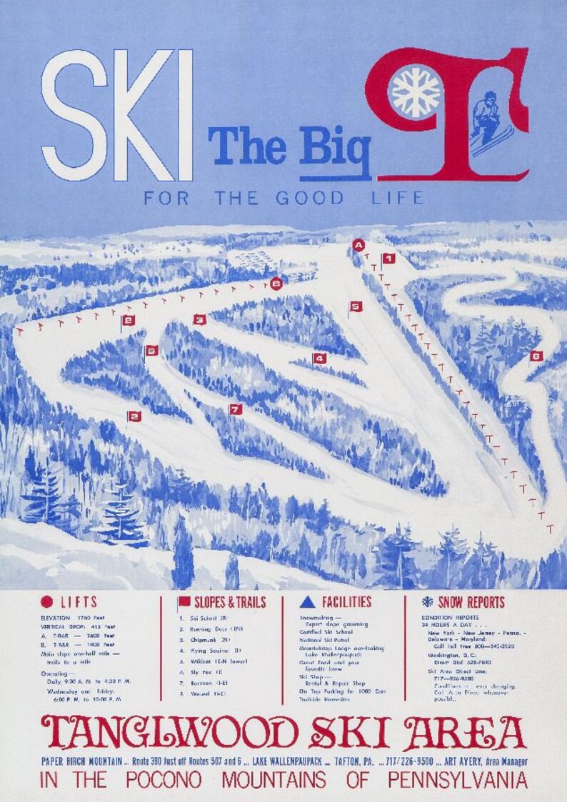 1965 TANGLEWOOD Ski Trail Map - Ski Home Decor, Ski Lodge Wall Decor ...