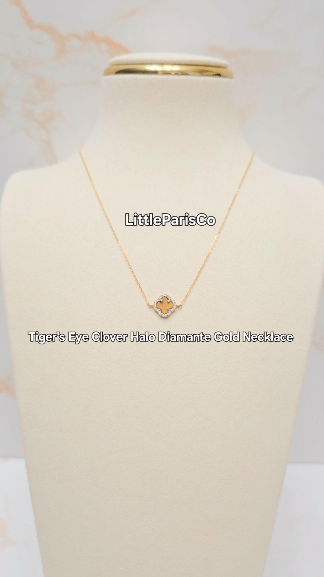 Dainty Extra Small Tiger's Eye Clover Halo Diamante Gold Necklace: 18K ...