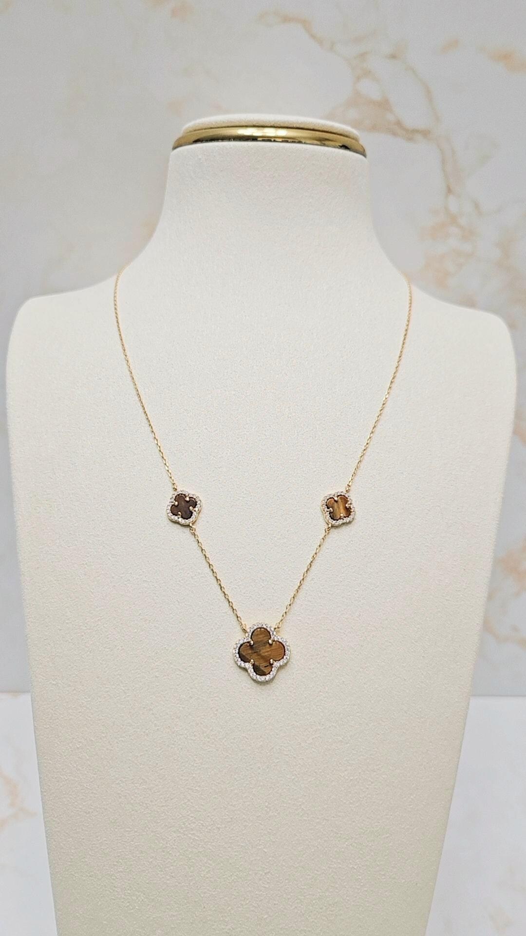 Three Motifs Genuine Tiger's Eye Clover Gold Necklace, 925 Silver, 18K ...