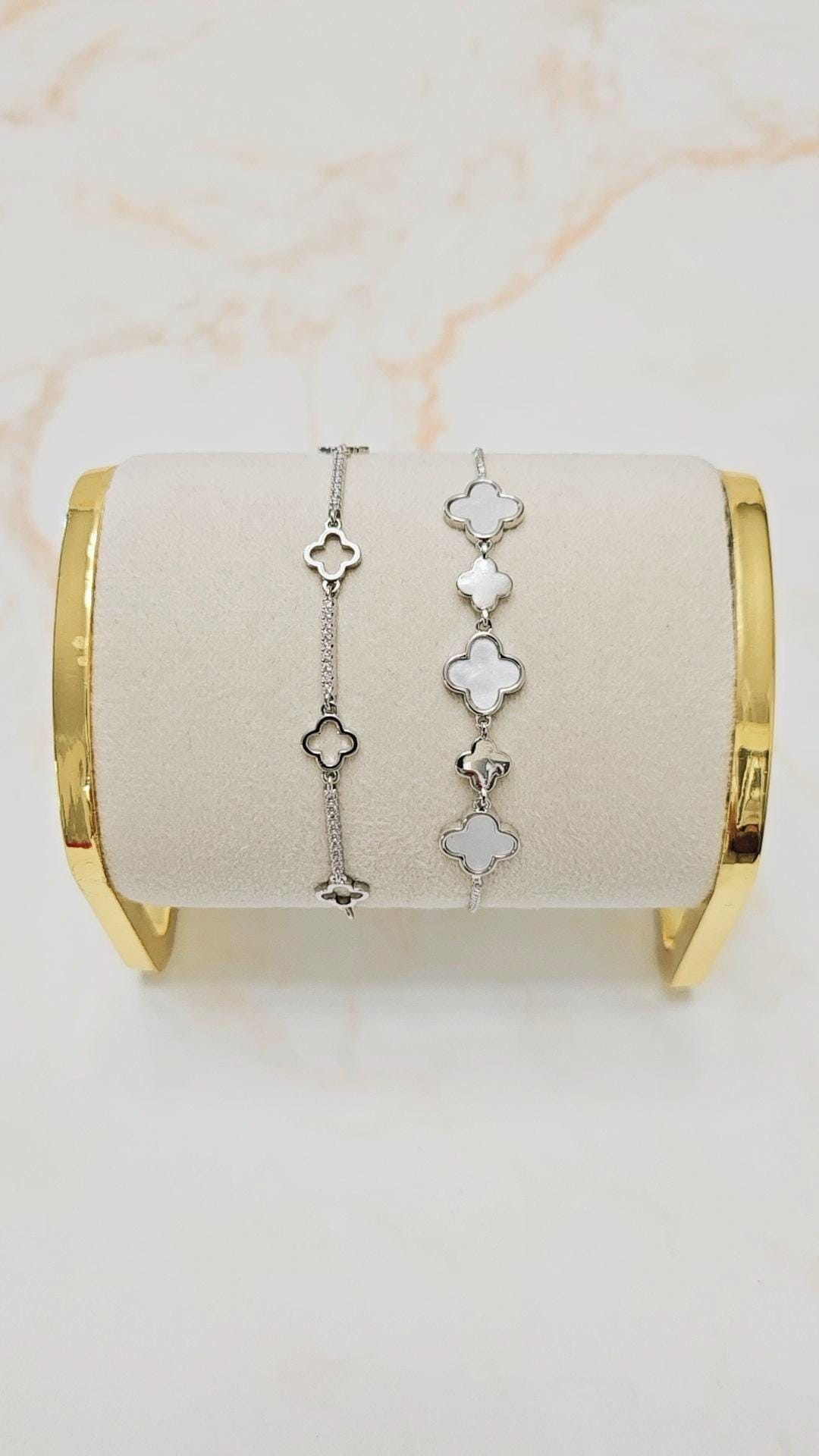 Set of Two Mother of Pearl Alhambra Adjustable Silver Bracelets - Etsy