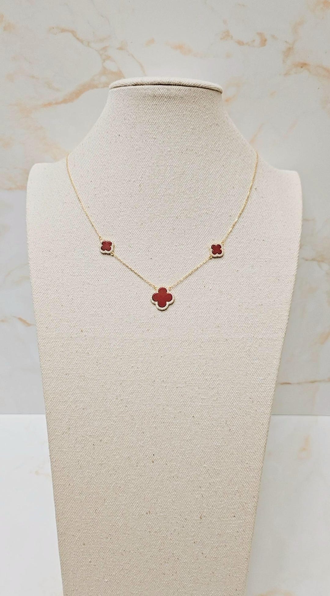 Three Clover Motifs Genuine Red Carnelian Clover Gold Necklace, 925 ...