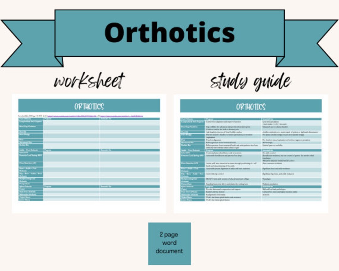 Orthotics Study Guide and Worksheet Covering Purpose of Foot Orthotics ...