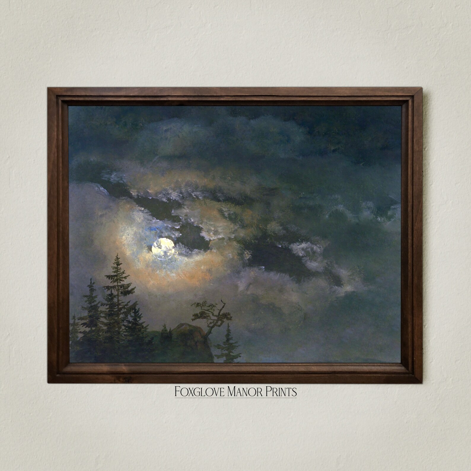 Full Moon Night Sky Oil Painting, Vintage Moody Wall Art, Digital ...