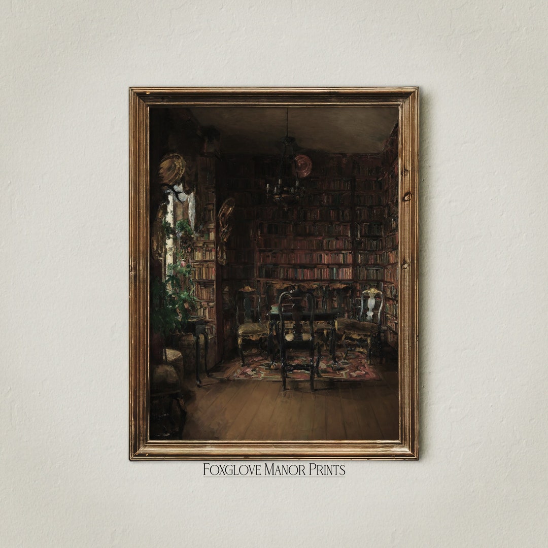 Vintage Victorian Library Painting, Light Academia Print, Digital ...