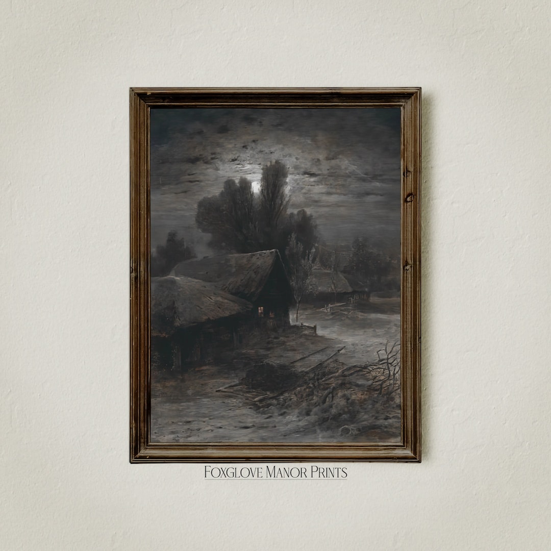 Full Moon Above Witch's Cottage Art Print, Moody Landscape Painting ...