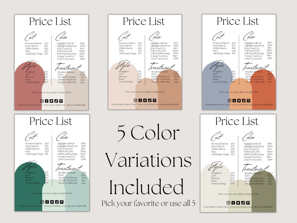 Hair Salon Price List Template: Customizable Minimalist Design (8.5x11 ...