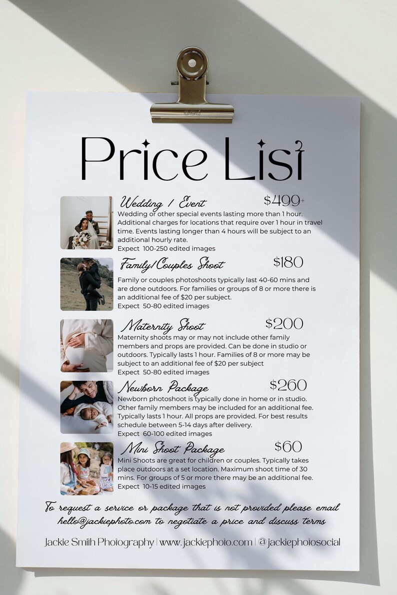 Photography Pricing List Template: Minimalist Price Guide (US Letter ...