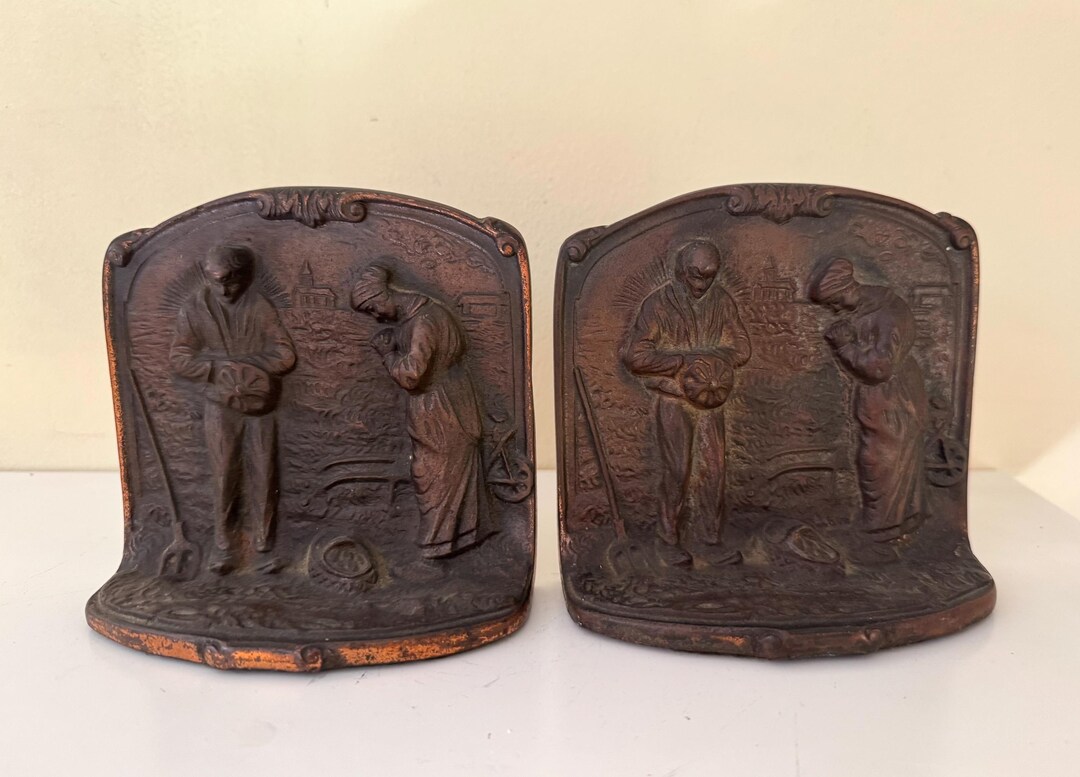 Pair of Bookends, Bronze Tone Set Based on Millet Painting the Angelus ...