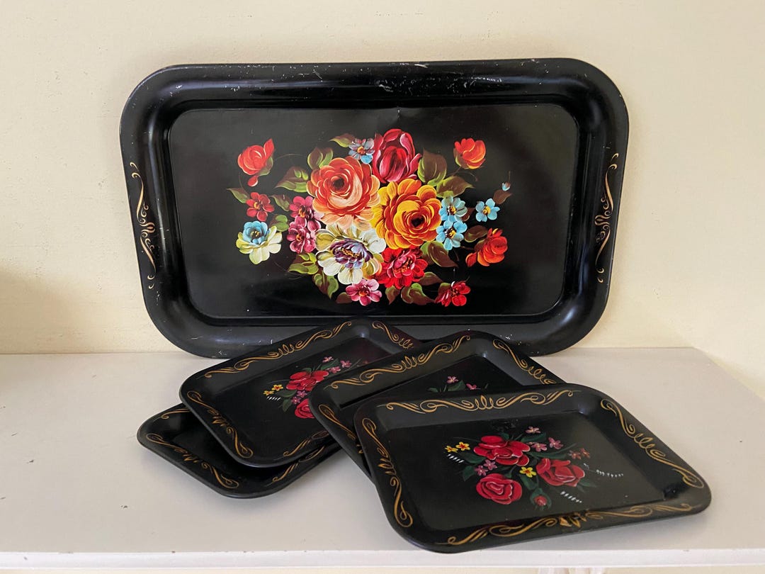 Vintage Painted Metal Tray With 4 Appetizer Trays - Etsy